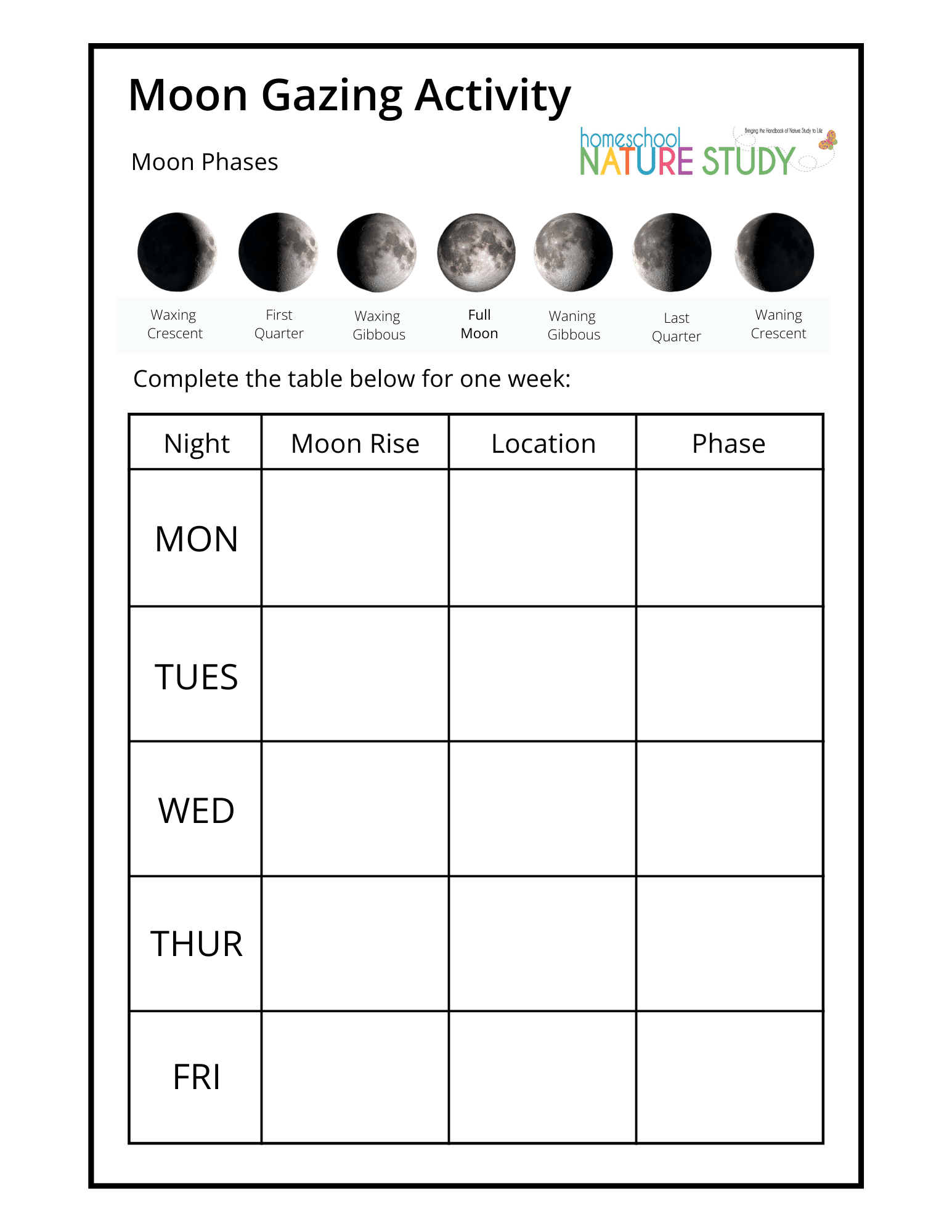 Moon Gazing Activities & Worksheets For Kids - Homeschool Nature Study